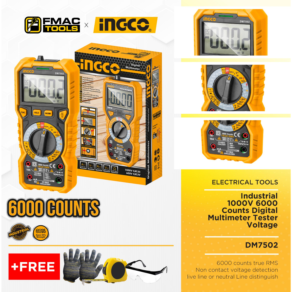 INGCO Industrial 1000V 6000 Counts Digital Multimeter Tester Voltage ...