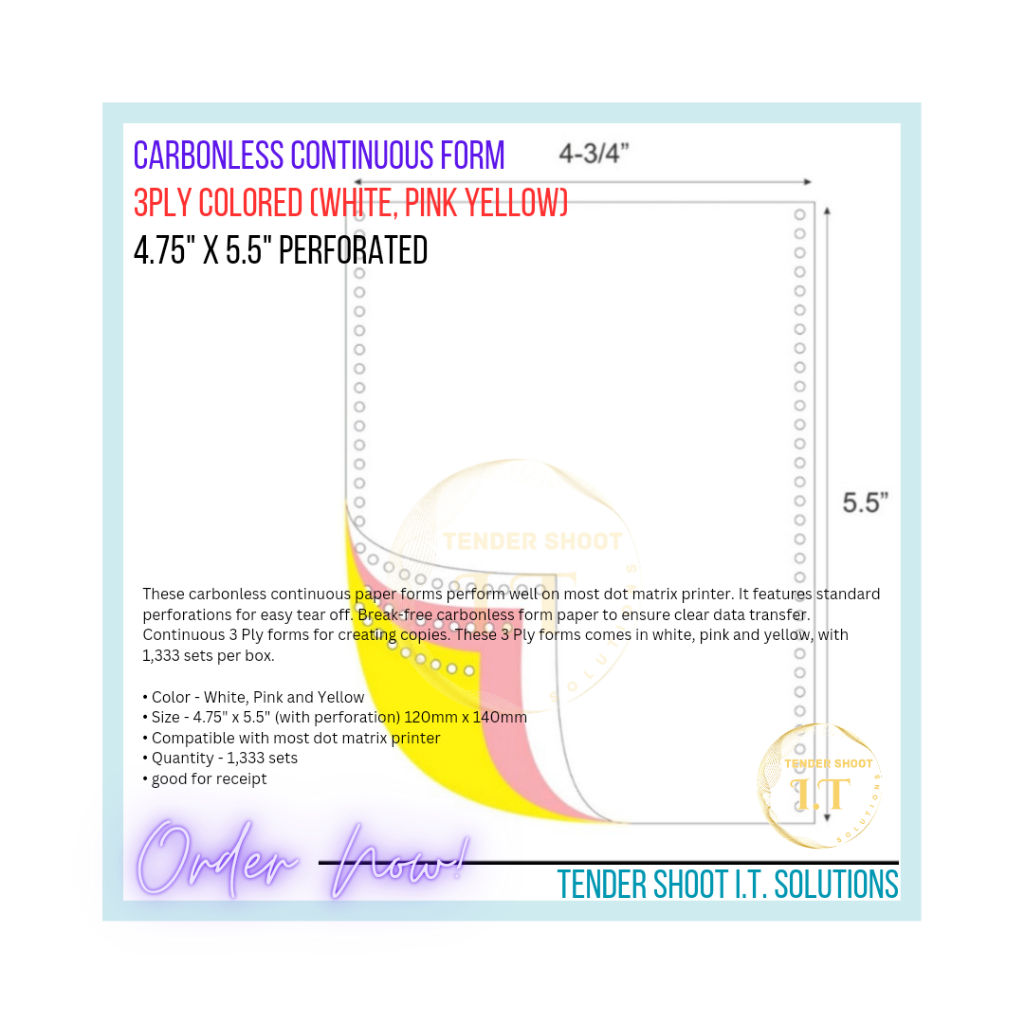 3Ply Carbonless Continuous Form 4.75” x 5.5” 4.75x5.5 Colored ( White ...