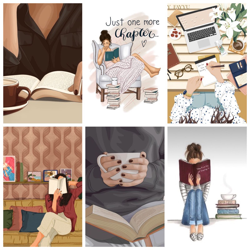 Women Illustrations Reading a Book Theme Wall Decor A4Size Laminated ...