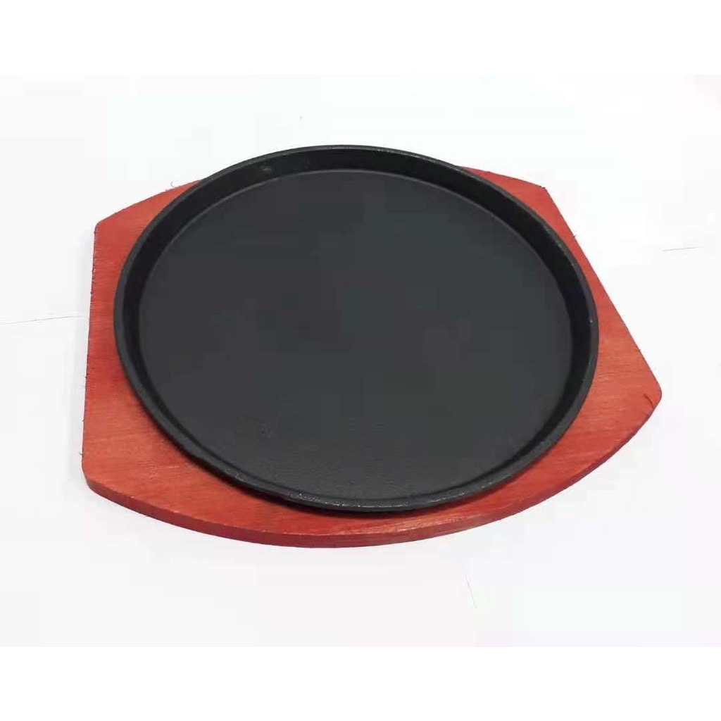 KCL.SIZZLING PLATE CAST IRON OVAL & ROUND Shape WITH WOODEN BASE ...