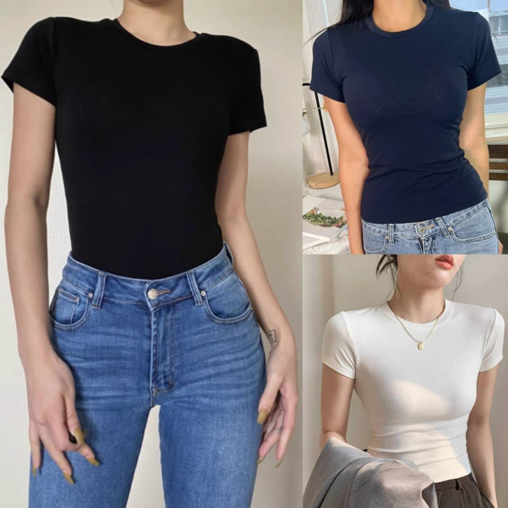 Basic Full Length shirt women top tee blouse shirt Spandex round neck ...