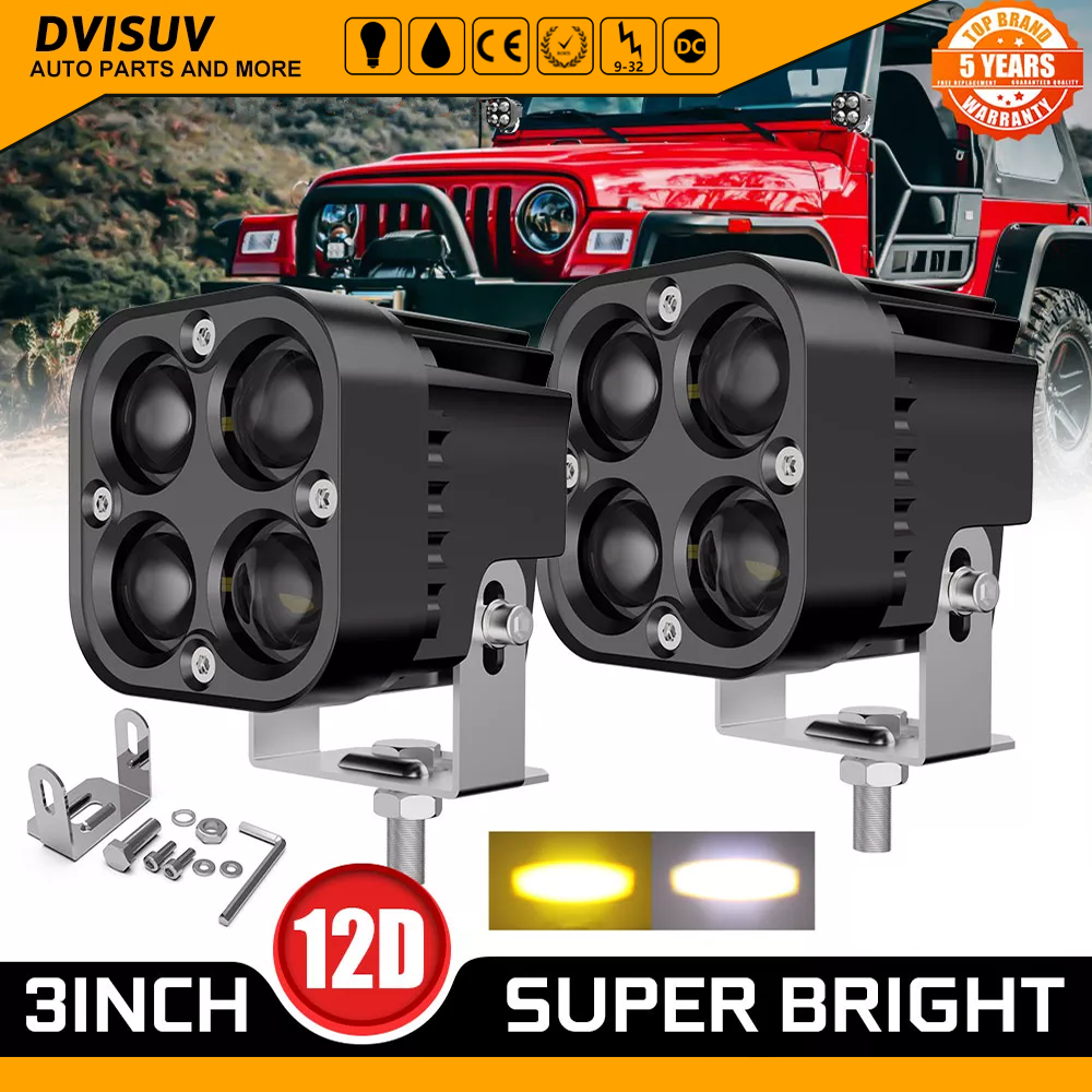Mini Square Motorcycle Car Universal LED Work Light White+Yellow Spot ...