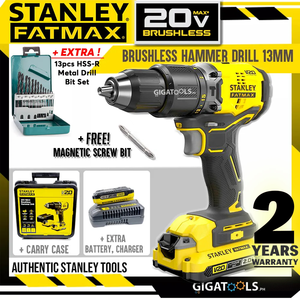 Stanley FATMAX SBD715 Cordless Brushless Hammer Drill 20V Max with HSS-R 13pcs Metal bit set ...