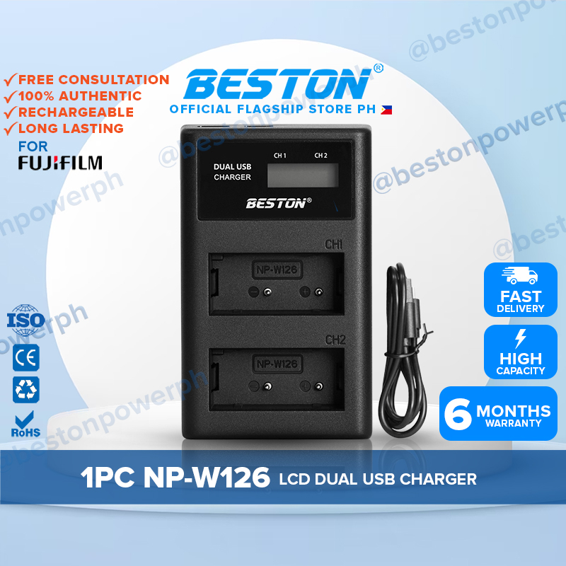 Beston NP-W126 LCD Dual USB Charger with cable (Micro USB Type-C) for Fujifilm Batteries NPW126 ...