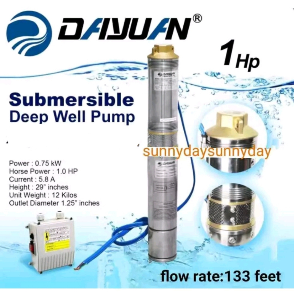 DAYUAN DEEPWELL SUBMERSIBLE PUMP 1HP 4'' CASE WATER PUMP 41MTRS 1.25 ...