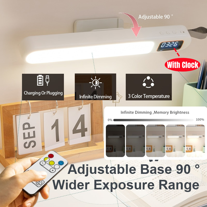 Desk Lamp USB LED Clock Table Lamp Rechargeable Portable Light Reading ...