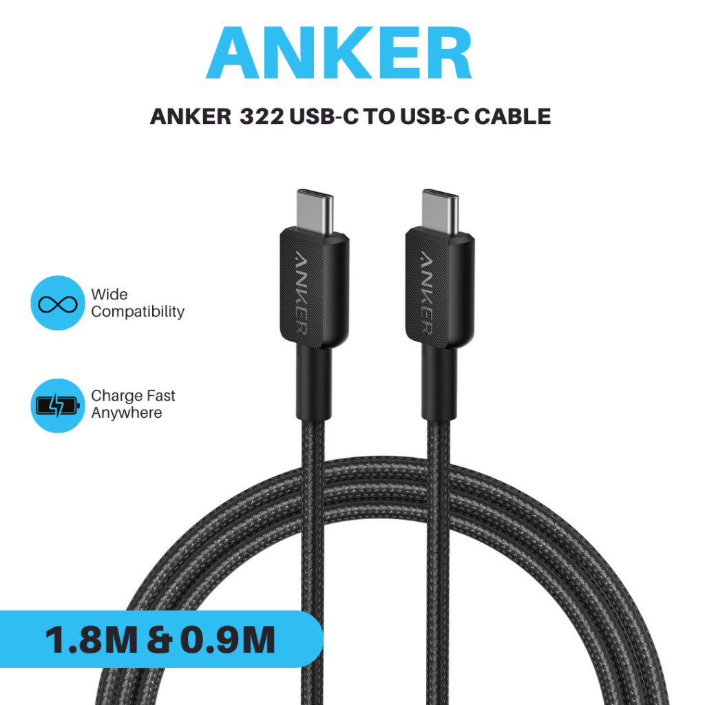 Anker 322 Type-C to Type-C Cable 0.9/1.8m 15/60W Data Transmission Fast ...
