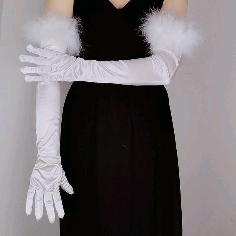 Satin Over Elbow Gloves Classic Women Fuzzy Feather Wedding Opera ...