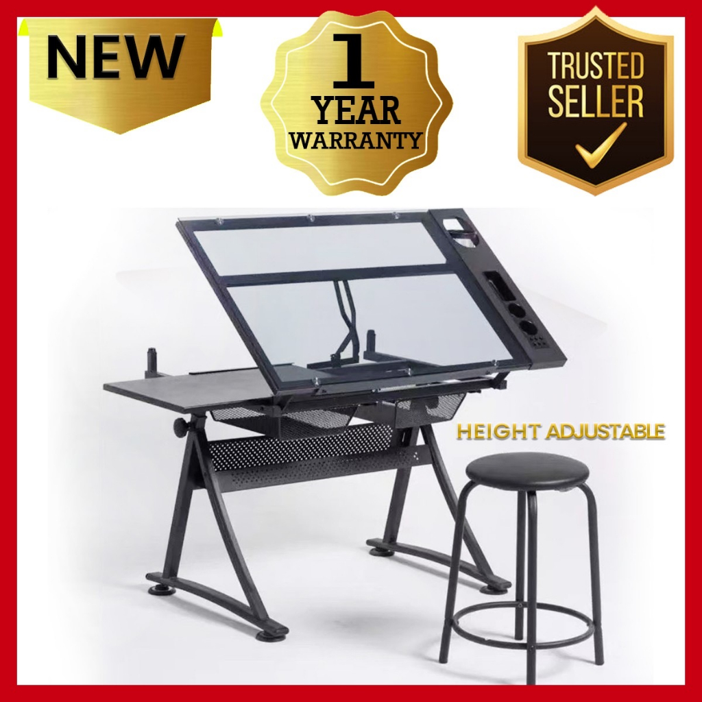 ML-030 Drafting Glass Table Height Adjustable with Extra Side Table ...