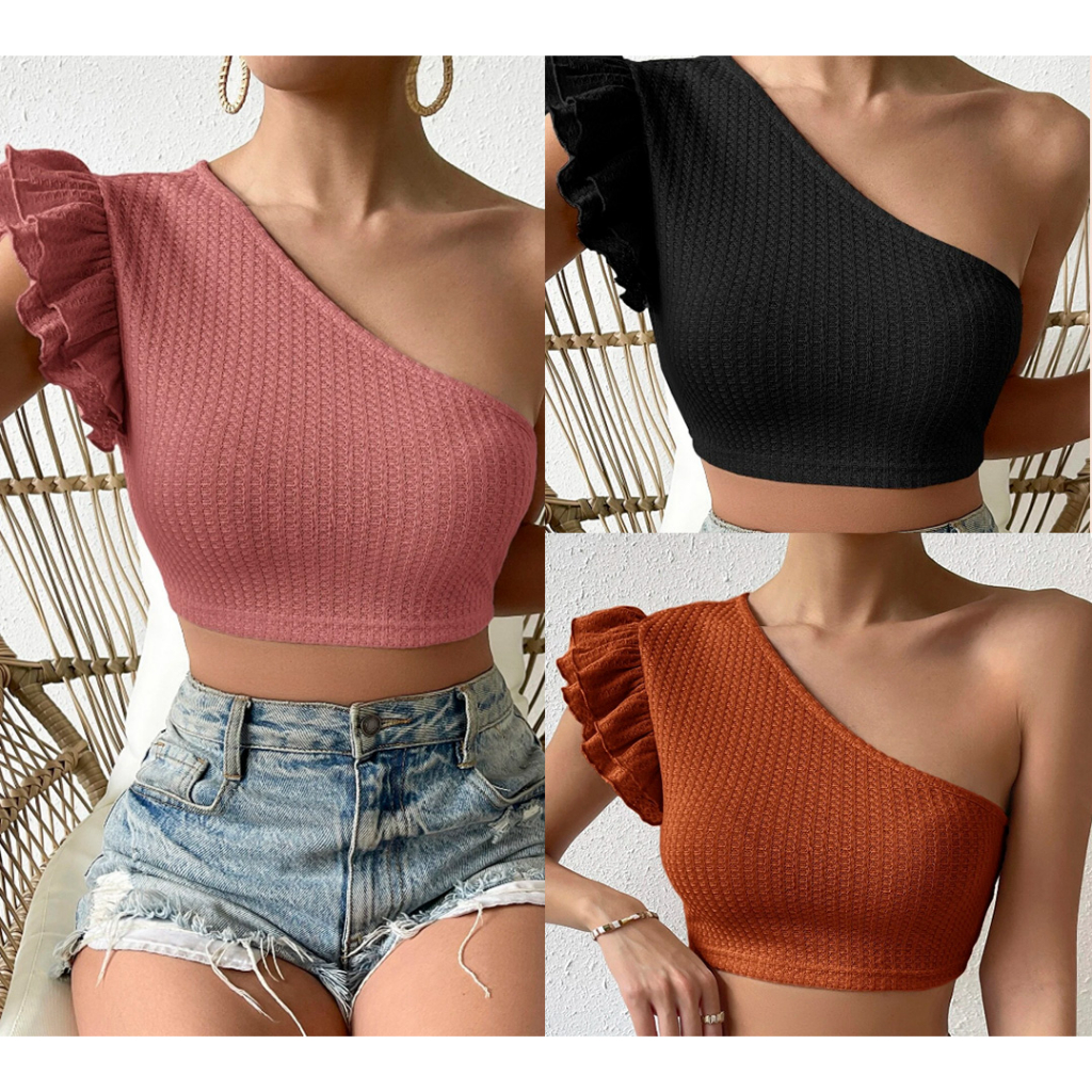 VAMPIRE 6A0249 2023 New One Shoulder Ruffle Trim Crop Top Waffle Tops | Shopee Philippines