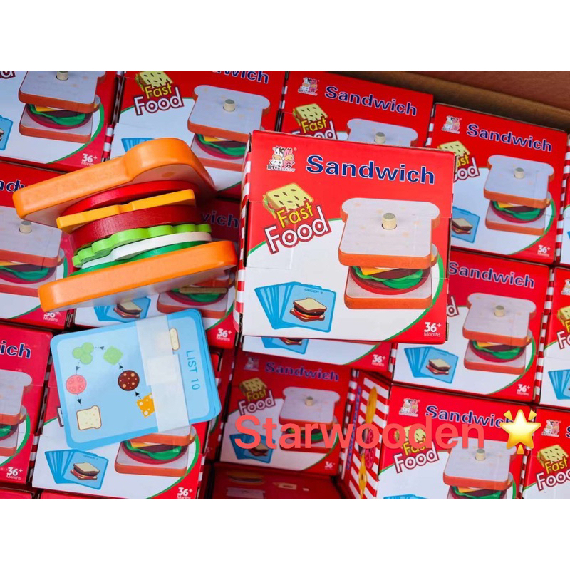 Wooden Kitchen Toy Sandwich Building Blocks Pretend Play Set Toys For ...