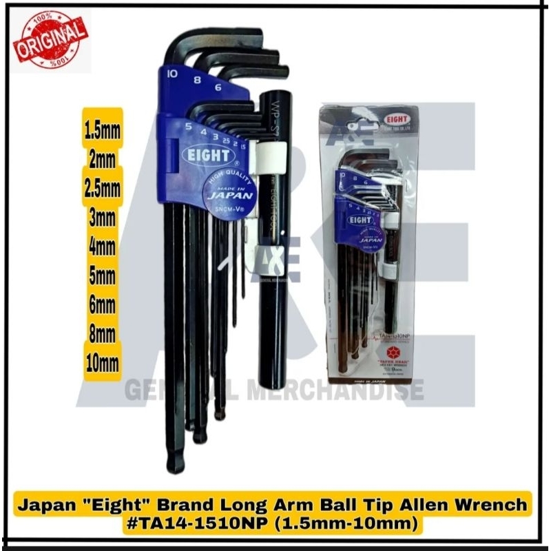 Japan "Eight" Brand Long Arm Ball Tip Allen Wrench #TA14-1510NP 9pcs ...