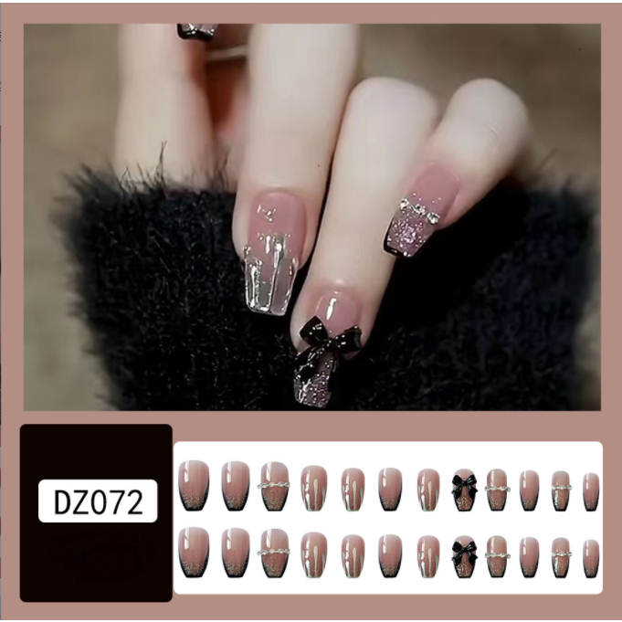 24 Pcs Long Fake Nails Set With Glue French Nail Diy Design Decorative