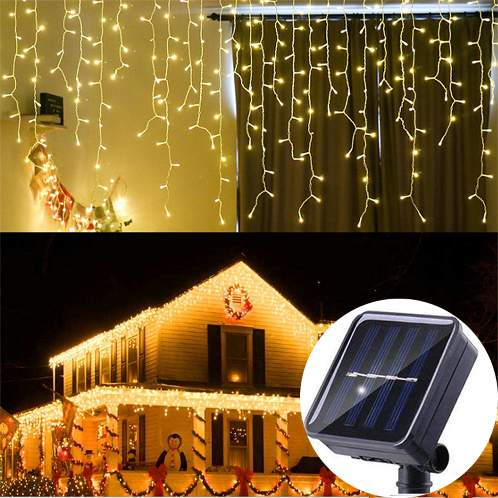 Solar Curtain Icicle Lights Christmas Fairy String Light for Outdoor ...