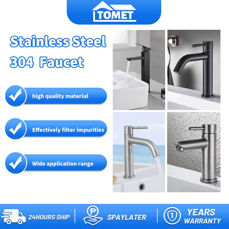 TOMET SUS304 Stainless Steel Lavatory Basin Faucet Tall And Short Cold ...