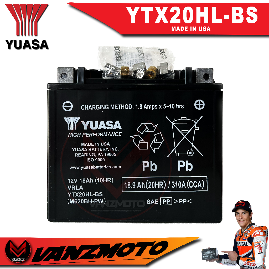 Yuasa YTX20HL-BS High Cranking Motorcycle Battery (USA) best for Harley ...