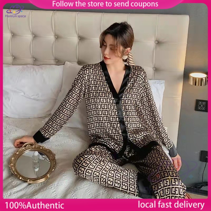 Women Ice Silk Print Pajama Long Sleeved Cardigan Set Thin Home Clothes ...