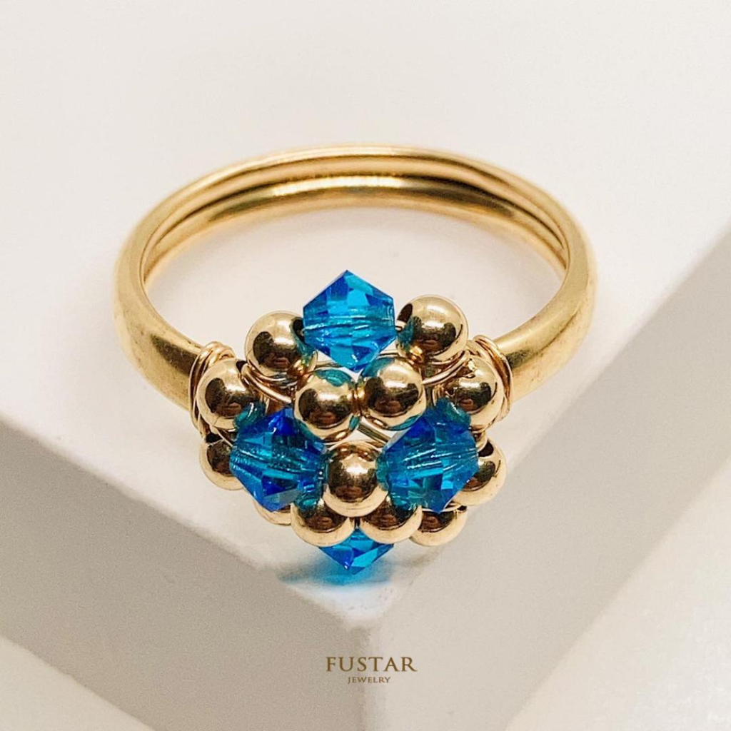 FUSTAR US 10K GOLD HANDMADE DIY DARK BLUE CRYSTAL RING HYPOALLERGENIC NON-FADE NON-TARNISH ...