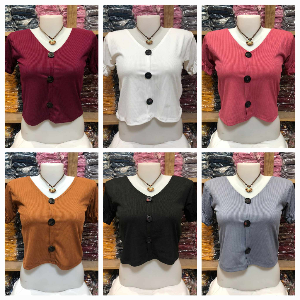 Erica Basic Knitted Buttons Garterized Sleeves Tops | Shopee Philippines