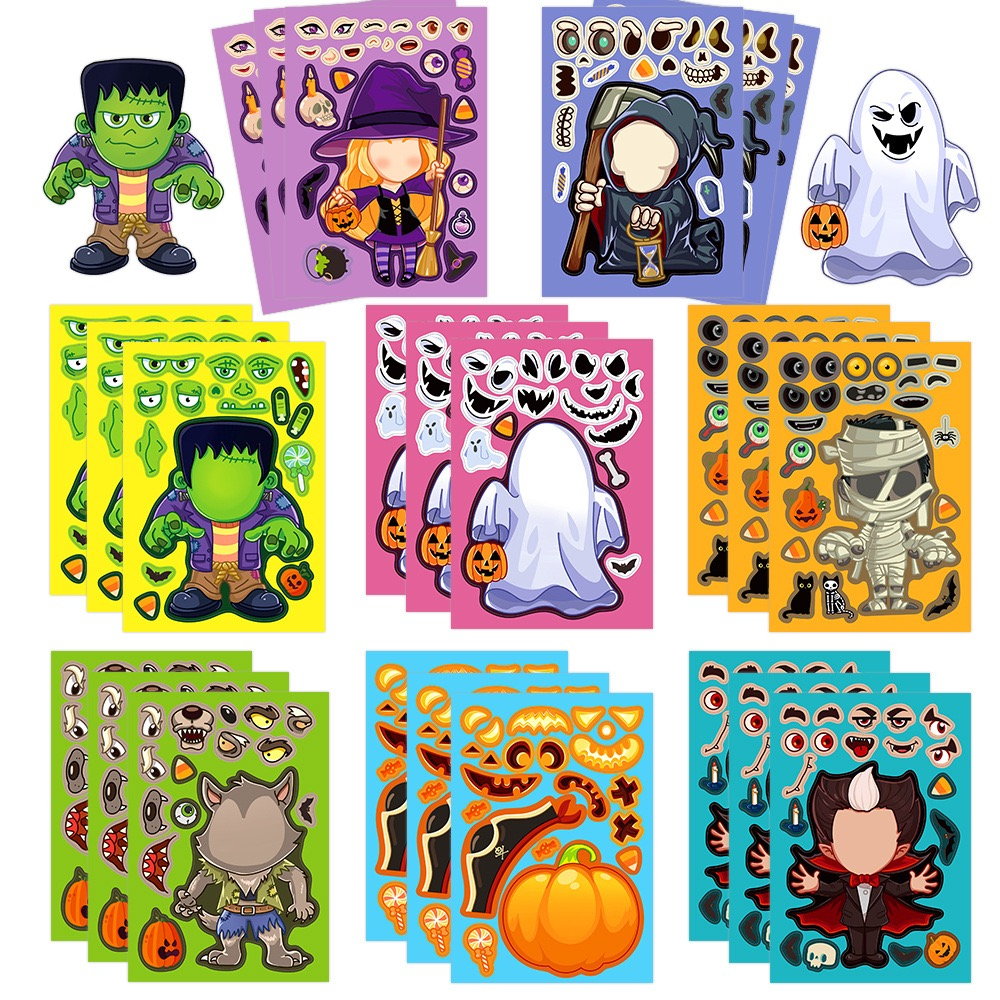 8 Sheets/set halloween Stickers DIY Sticker Make A Face Assemble Jigsaw ...