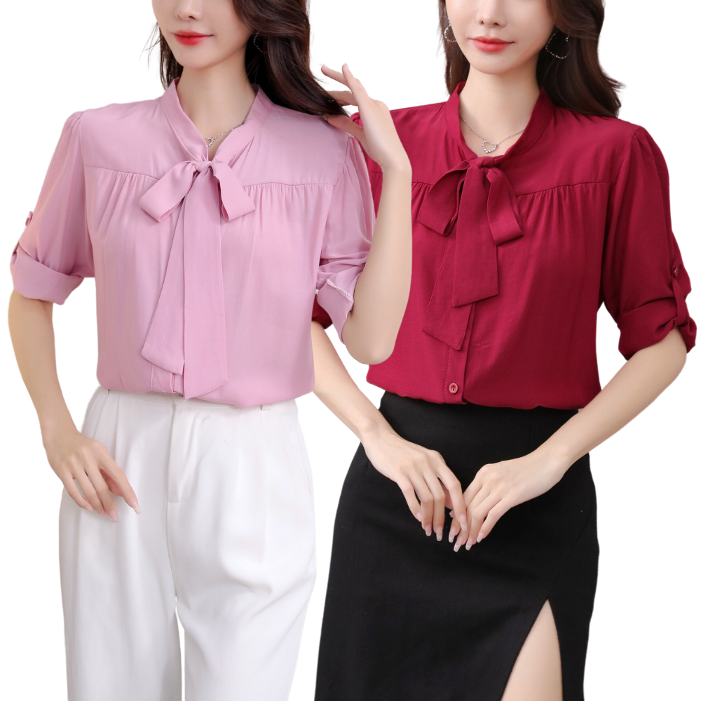 Formal Blouse for Women M-L Long Sleeve With Front tie Knot Office Wear ...