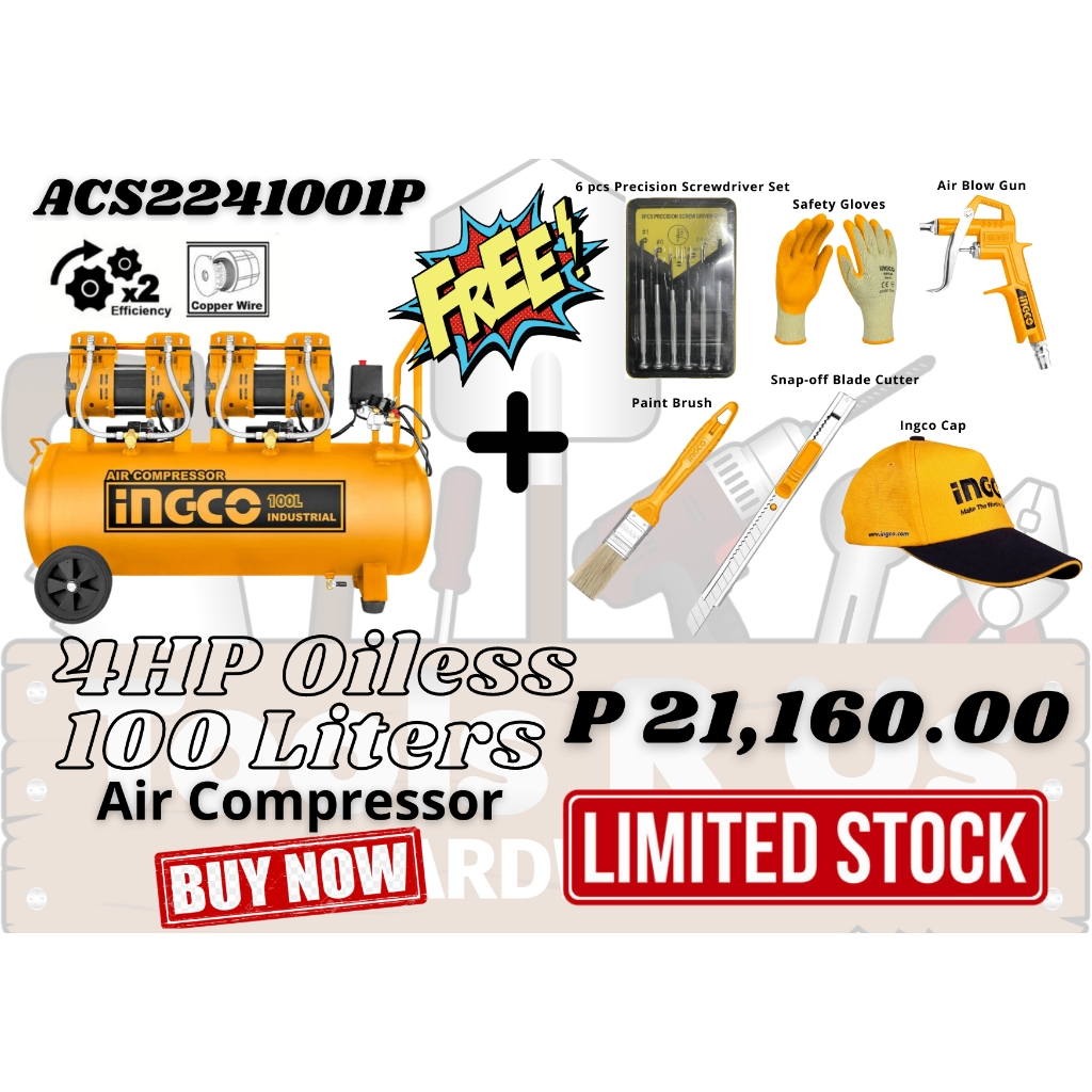 FREE AIR BLOW GN, PRECISION SET, ETC - Ingco 4HP/100L Air Compressor ...