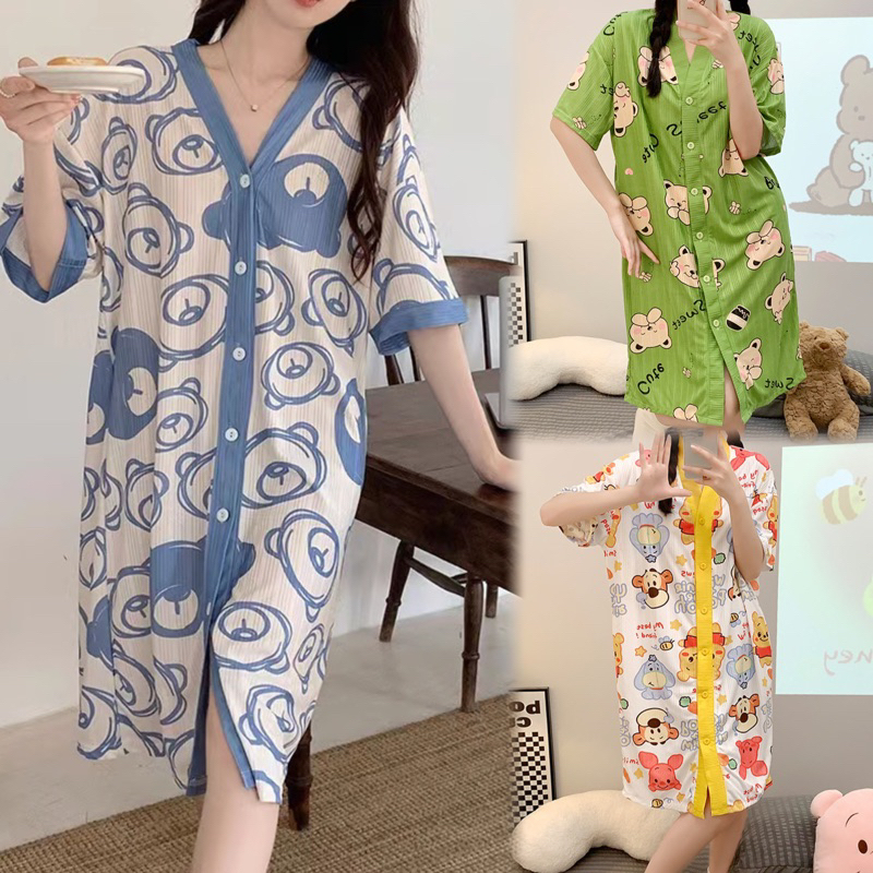 Korean style Daster cotton V-neck cardigan fashionable nightgown ...