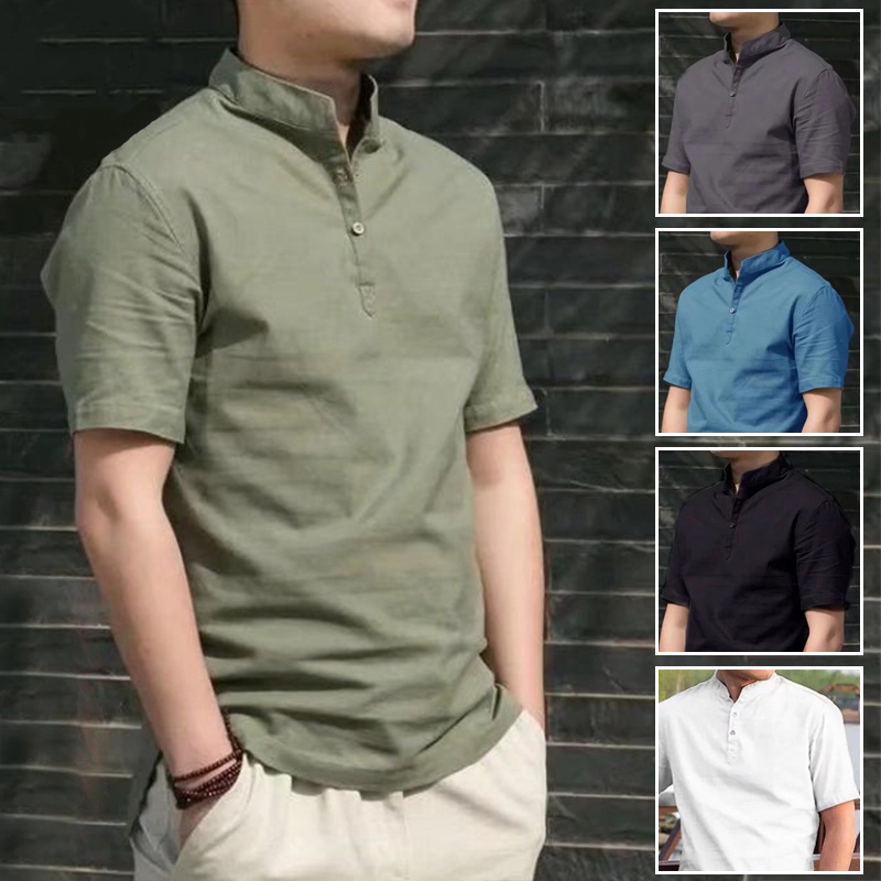 Korean Polo For Men Office Plain Short Sleeve Shirt Challis Collared