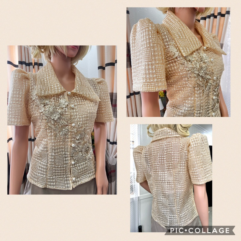 Filipiniana Modern Lace Blouse with Collar and 3D Applique | Shopee ...