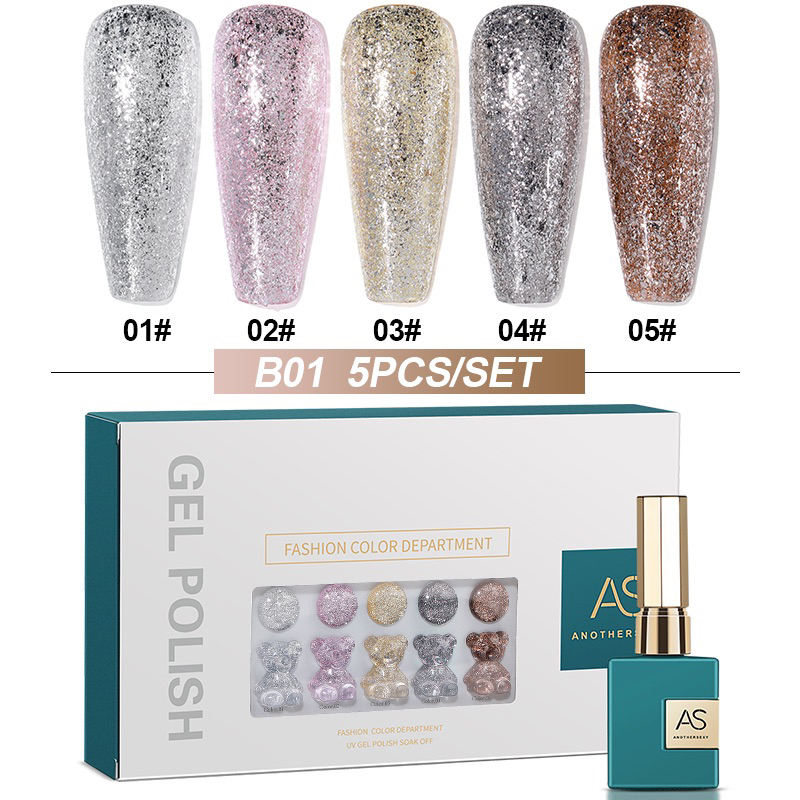 AS 5pcs/set 5colors with color chart board gold and silver glitter color series gel polish 15ml ...