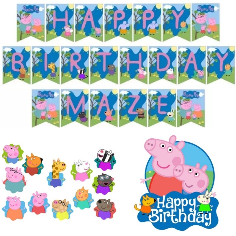 Peppa Pig Theme Birthday Party Banner Cupcake Cake Topper Decoration ...