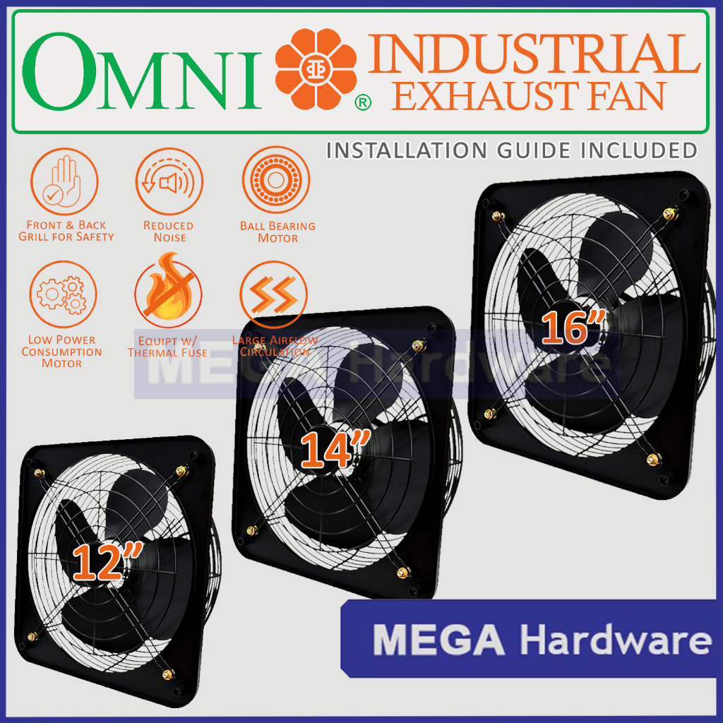 OMNI Industrial Exhaust Fan w/ Grill Wall Mounted (12 inch, 14 inch, 16 ...