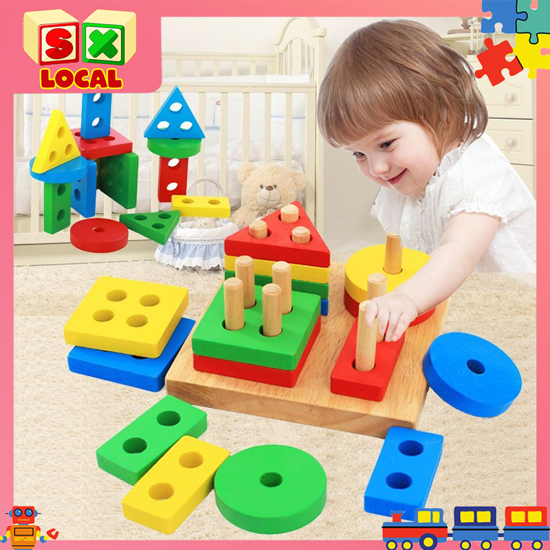 Wooden Educational Toys Wooden Shape Color Sorting Preschool Stacking ...