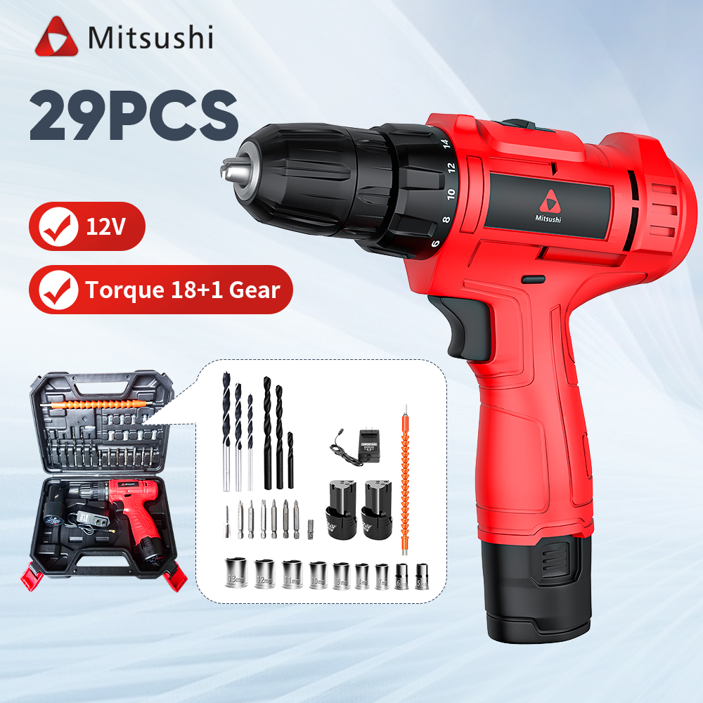 Mitsushi Cordless Electric Drill 29Pcs Battery Impact Drill Power Tools ...