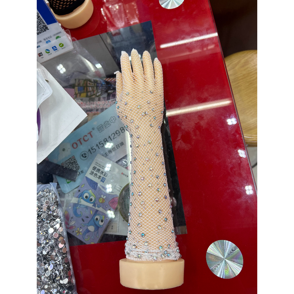 Long Hollow Shining Rhinestones Fishnet Gloves Sexy Elastic Diamonds ...
