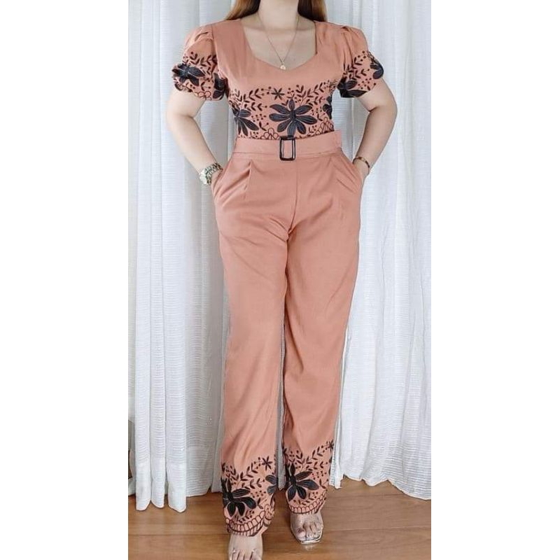 Olivia Plain and Eyelet Senepa Puff Sleeves Top Terno High Waist Belted ...