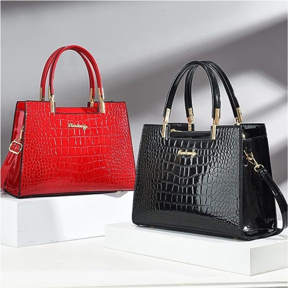 Crocodile Embossed Handbag, Pu Patent Shoulder Bag, Metal Decor Double ...
