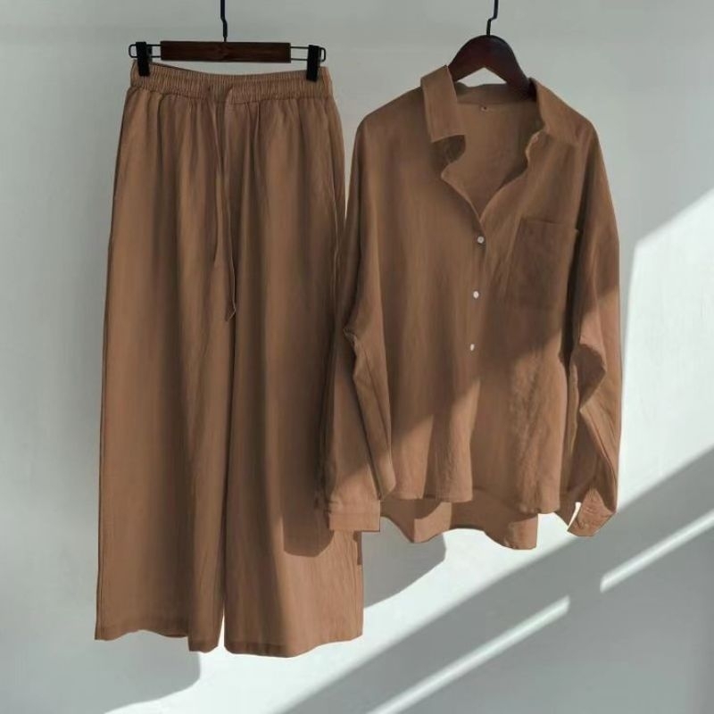 baao Women Long Sleeve Summer Shirt Wide Leg Pants terno | Shopee ...