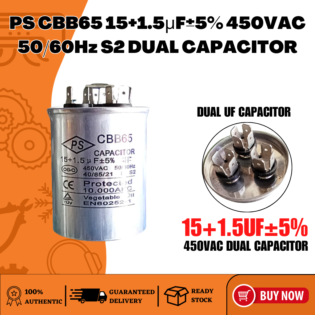 4HMC [ GENERIC ] PS CBB65 15+1.5µF±5% 450VAC 50/60Hz S2 DUAL CAPACITOR ...