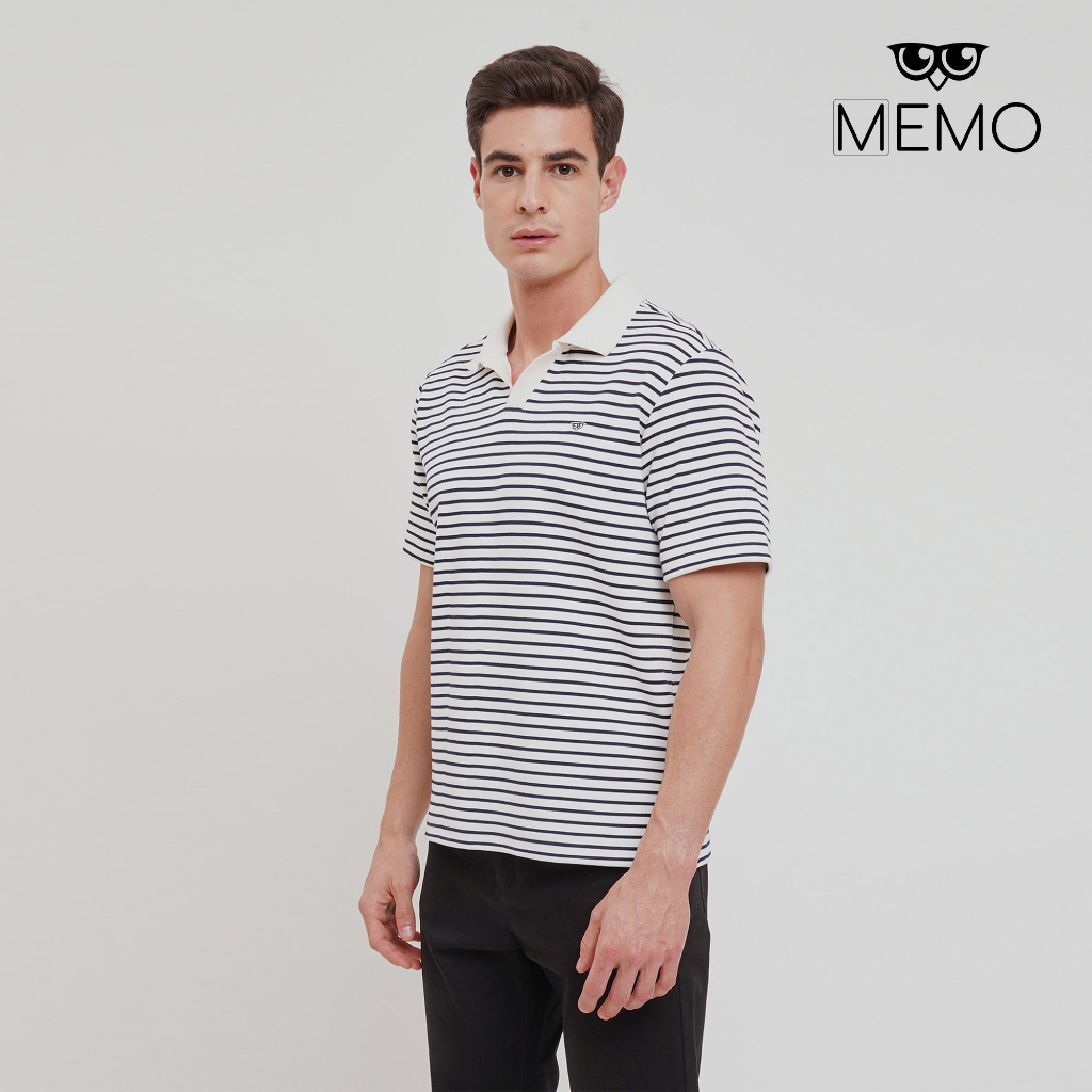 Memo Open Collar Striped Polo For Men (Off White) | Shopee Philippines