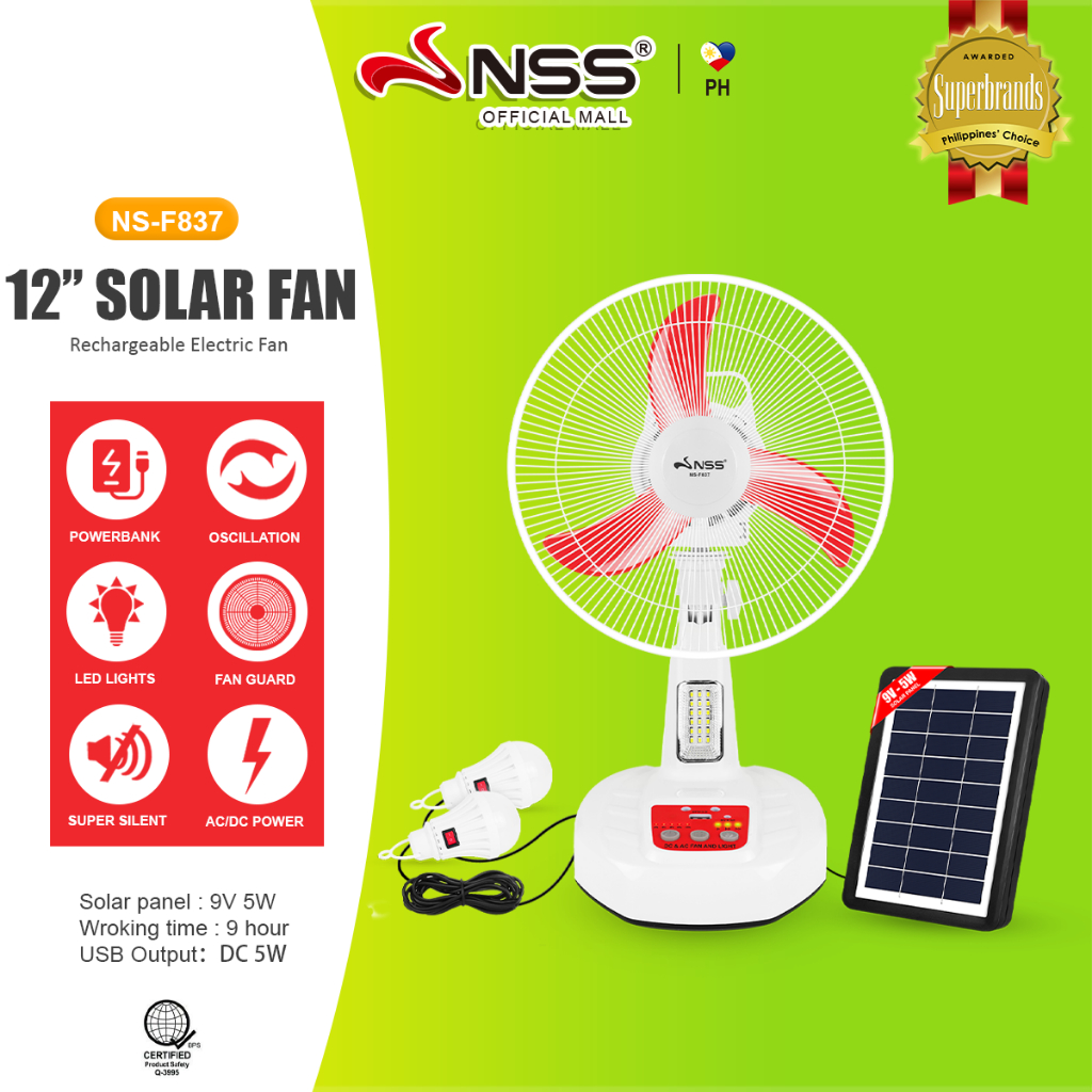 NSS Rechargeable Solar Electric Fan 12'' SOLAR FAN with Solar Panel ...