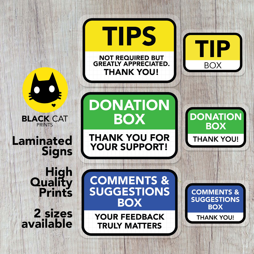 Tip Box / Suggestion Box / Donation Box Laminated Labels / Sign Board ...