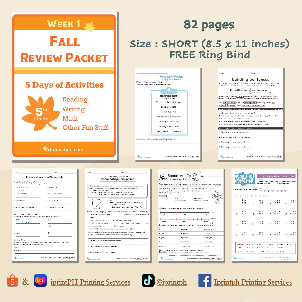 GRADE 5 Fall Review Packet (Worksheets / Workbooks) | Shopee Philippines