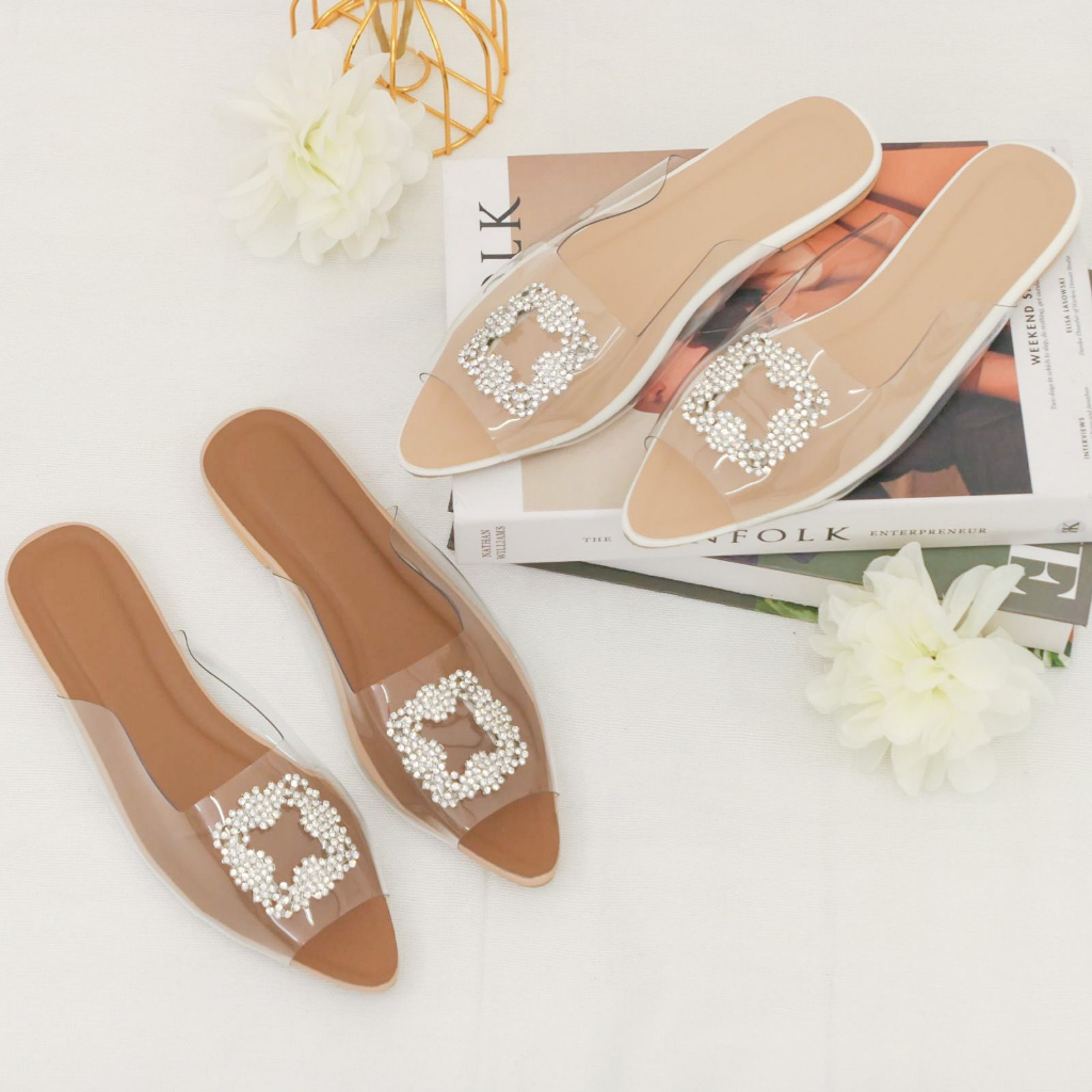 Kimi Wendy Pointed Clear Transparent Flat Shoes Half Mules Korean ...