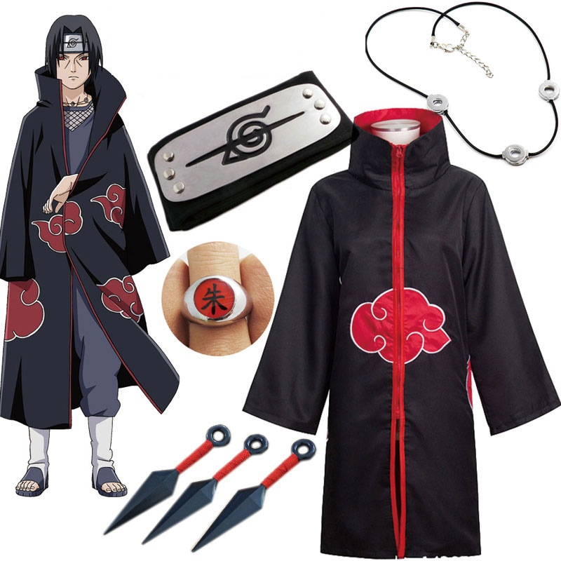 Naruto Cosplay Costume Akatsuki Cloak Uchiha Headband Necklace Ring ...