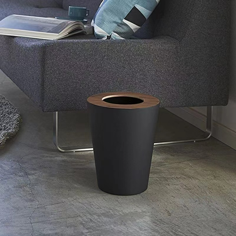 Trash Bin 7L with Wooden Lid Household Living Room Bathroom Garbage Bin ...