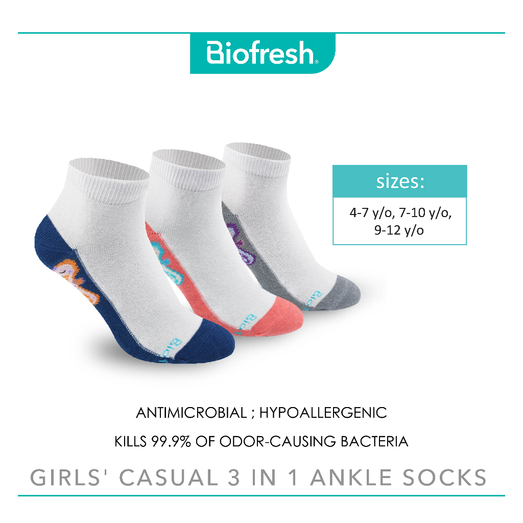 Biofresh Girls’ Antimicrobial Cotton Lite Casual Ankle Socks 3 pairs in ...