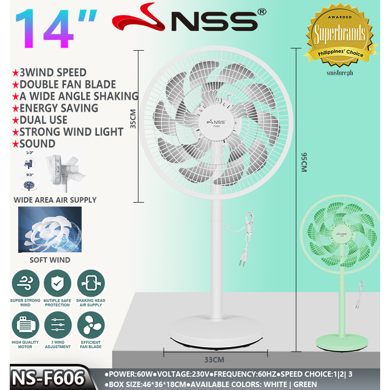 NSS Electric fan 14" mute 3-speed Household Stand fan Multi angle 10+5 ...