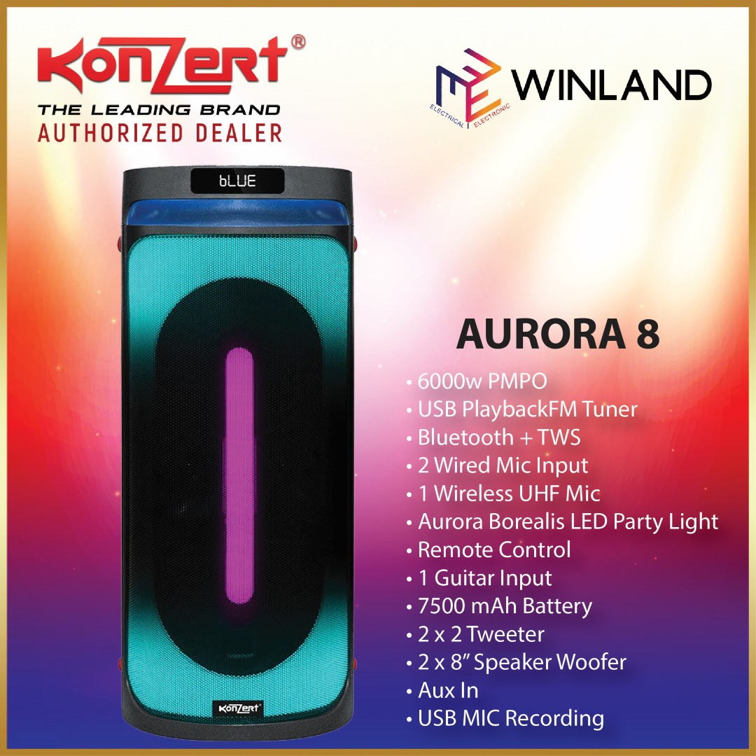 KONZERT AURORA 8 2 x 8" Party Speaker System with Bluetooth+TWS, USB/microSD, Aux-in & FM Radio ...