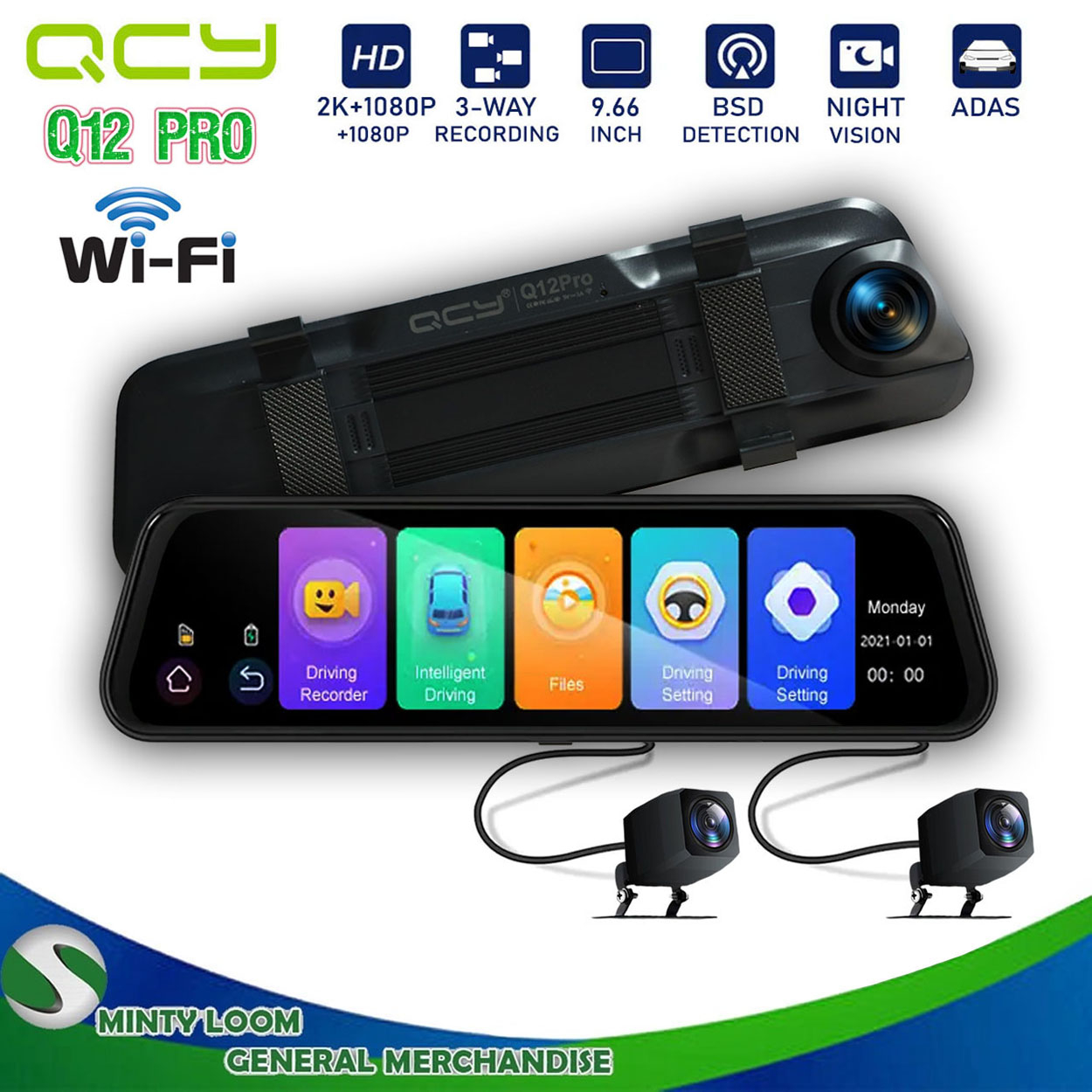 QCY Q12 PRO 9.66" 2K+1080P+1080P 3-Way Recording WiFI Car DVR Rearview ...